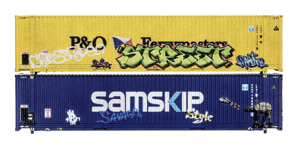 Dapol 2F-028-216 45ft High Cube Container P&O Ferrymaster/Sams Skip Graffiti – Rails of Sheffield