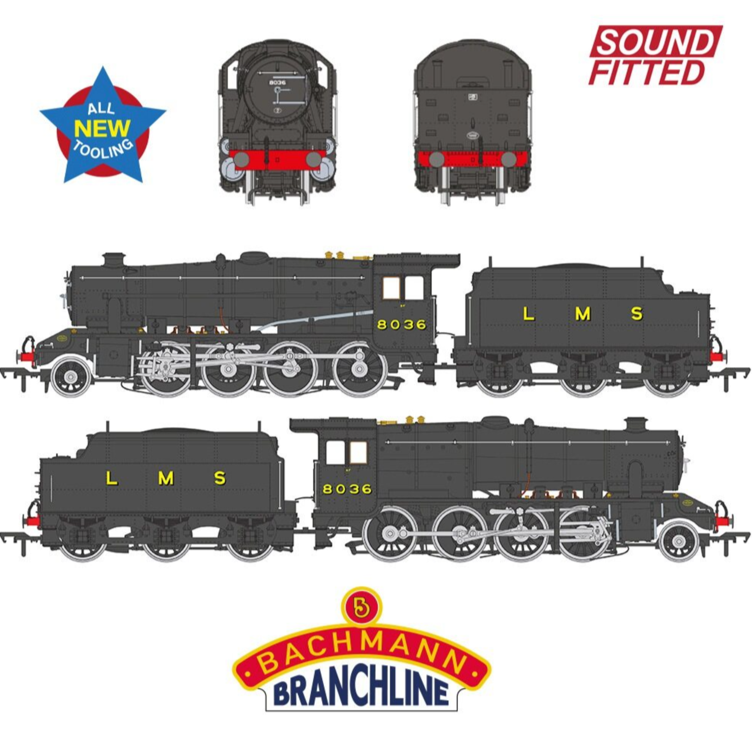Bachmann 35-225SF LMS 8F with Riveted Tender 8036 LMS Black – Rails