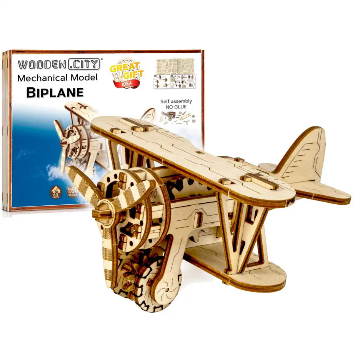 Wooden City WR304 3D Wooden Plane Puzzle – Biplane – Rails
