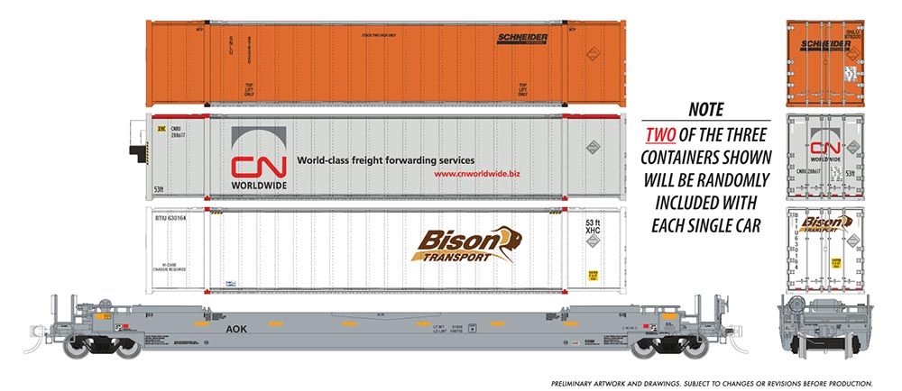 Rapido Trains Inc. 401055A HO 53' Husky-Stack well car + containers ...