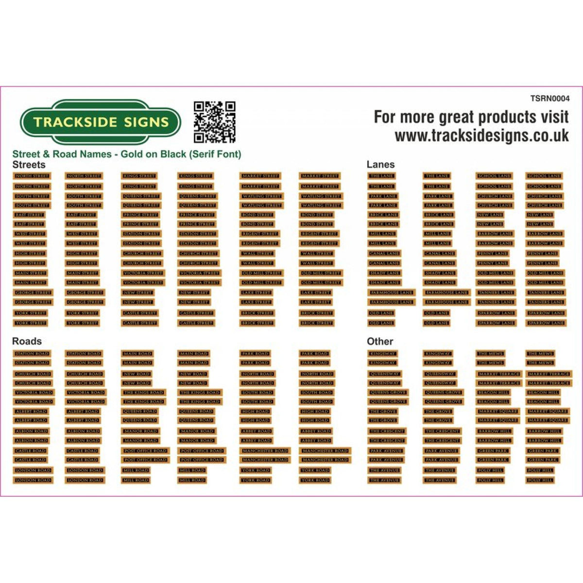 Trackside Signs TSRN0004 Street Name Signs (Gold on Black) (Serif Font ...