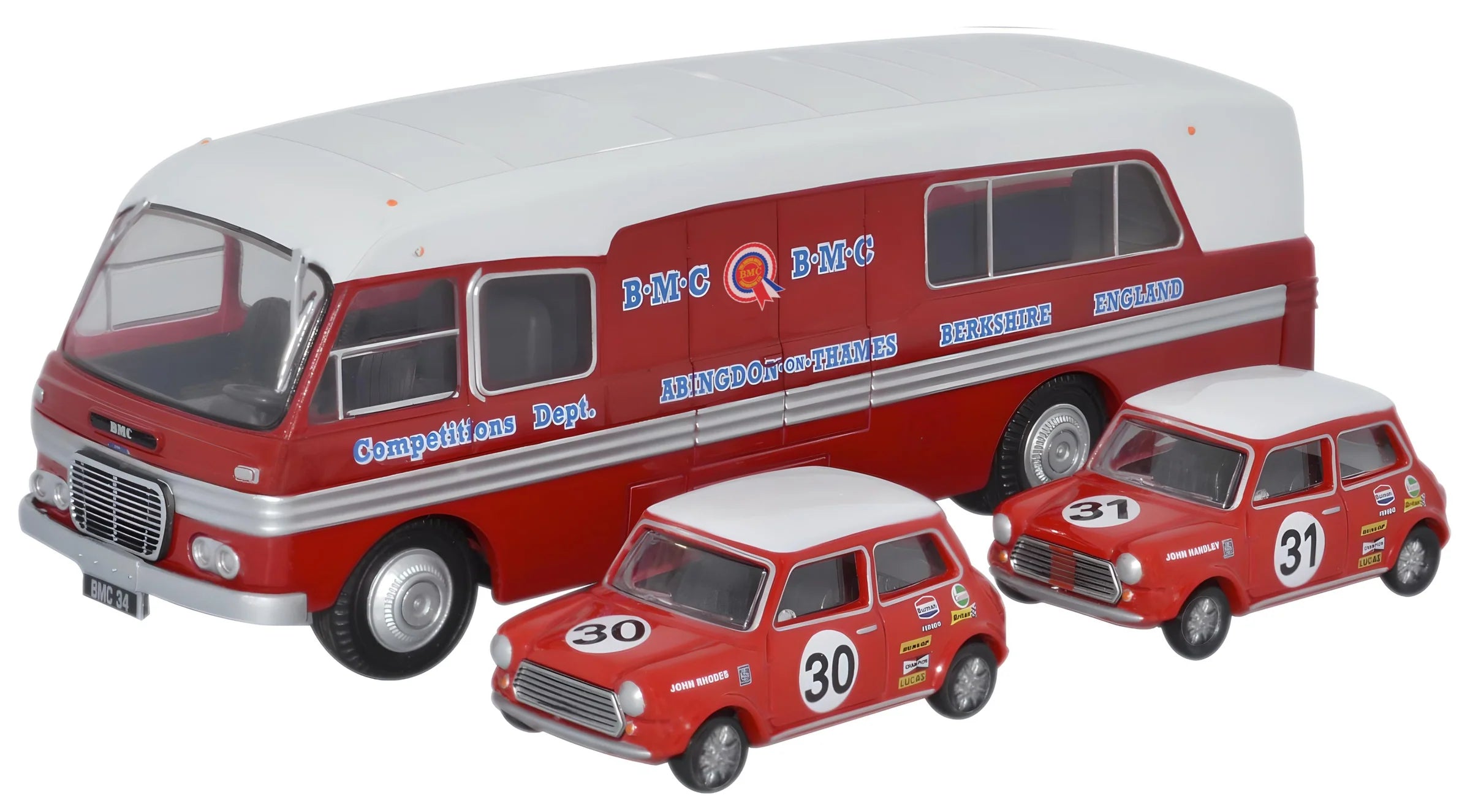 Oxford Diecast 76BMC003 BMC Car Transporter & Two Minis – Rails
