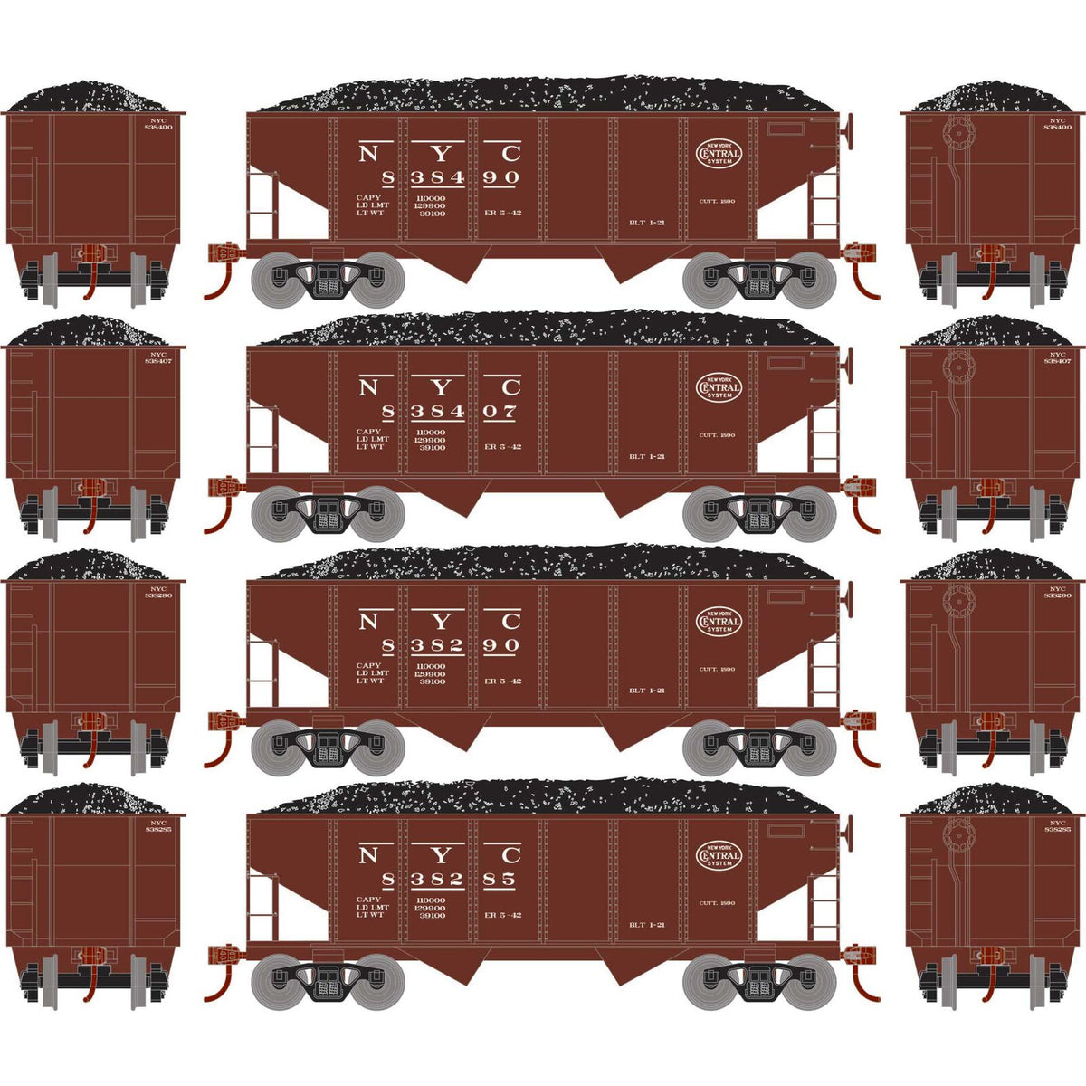 Athearn RND50012 Set of 4 Roundhouse HO 34' 2-Bay Rib Side Hopper With ...
