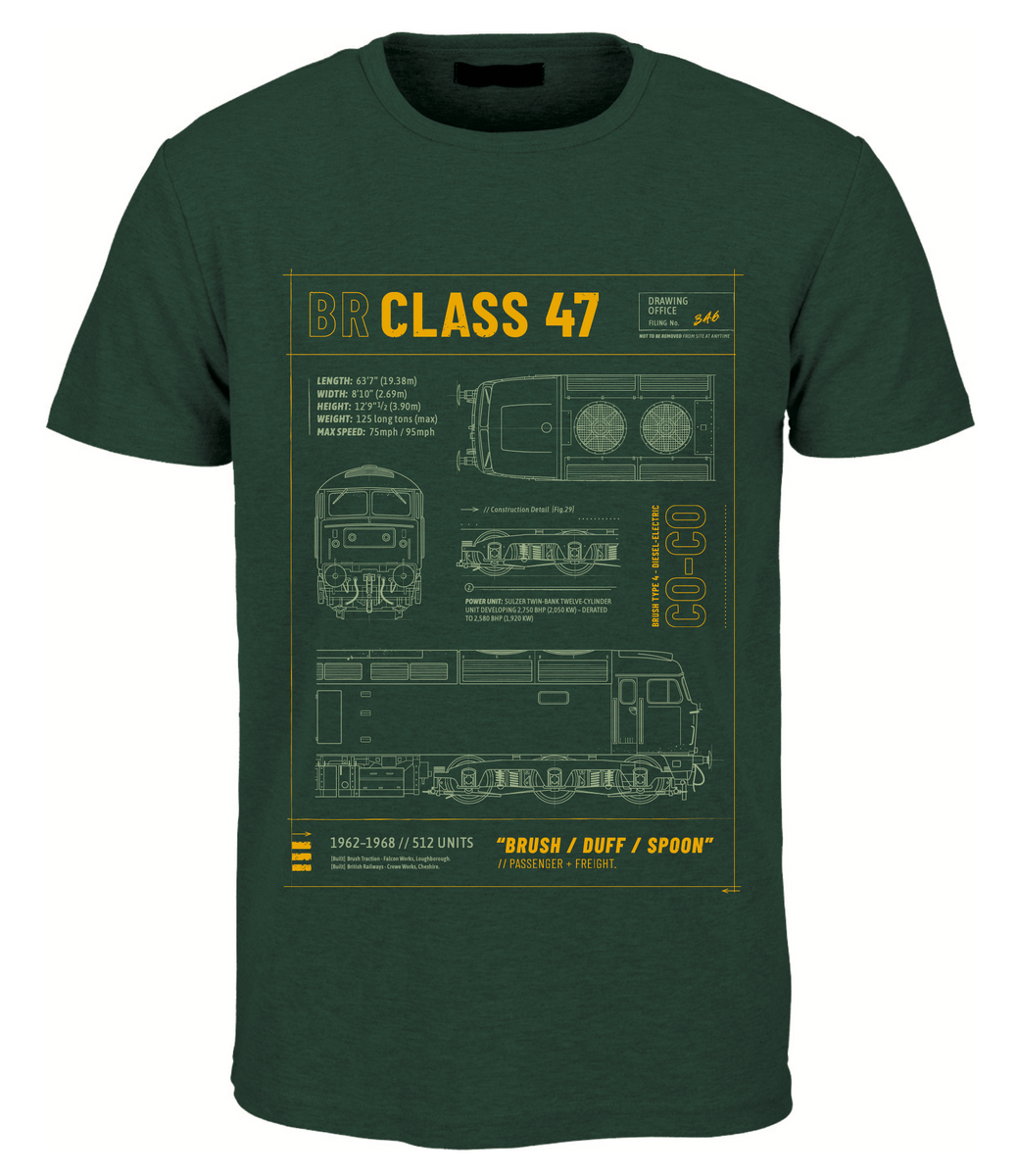 Just Threads CLASS47-TEE Class 47 Technical Drawing Blueprint Railway T ...
